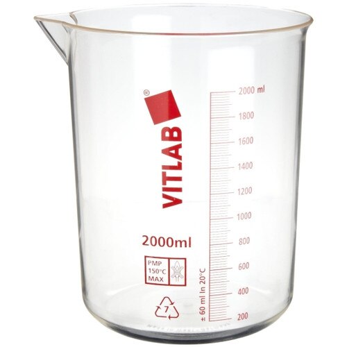 CapitolBrand® 61503 Low-Form Griffin Plastic Beaker, 2000mL, Clear PMP with Red Printed Graduations