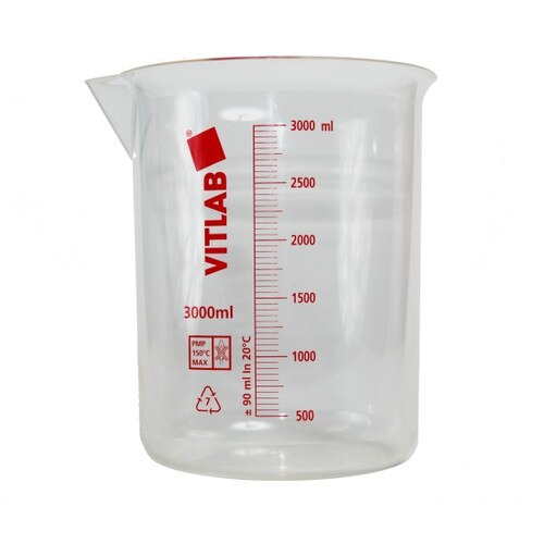 CapitolBrand® 61603 Low-Form Griffin Plastic Beaker, 3000mL, Clear PMP with Red Printed Graduations